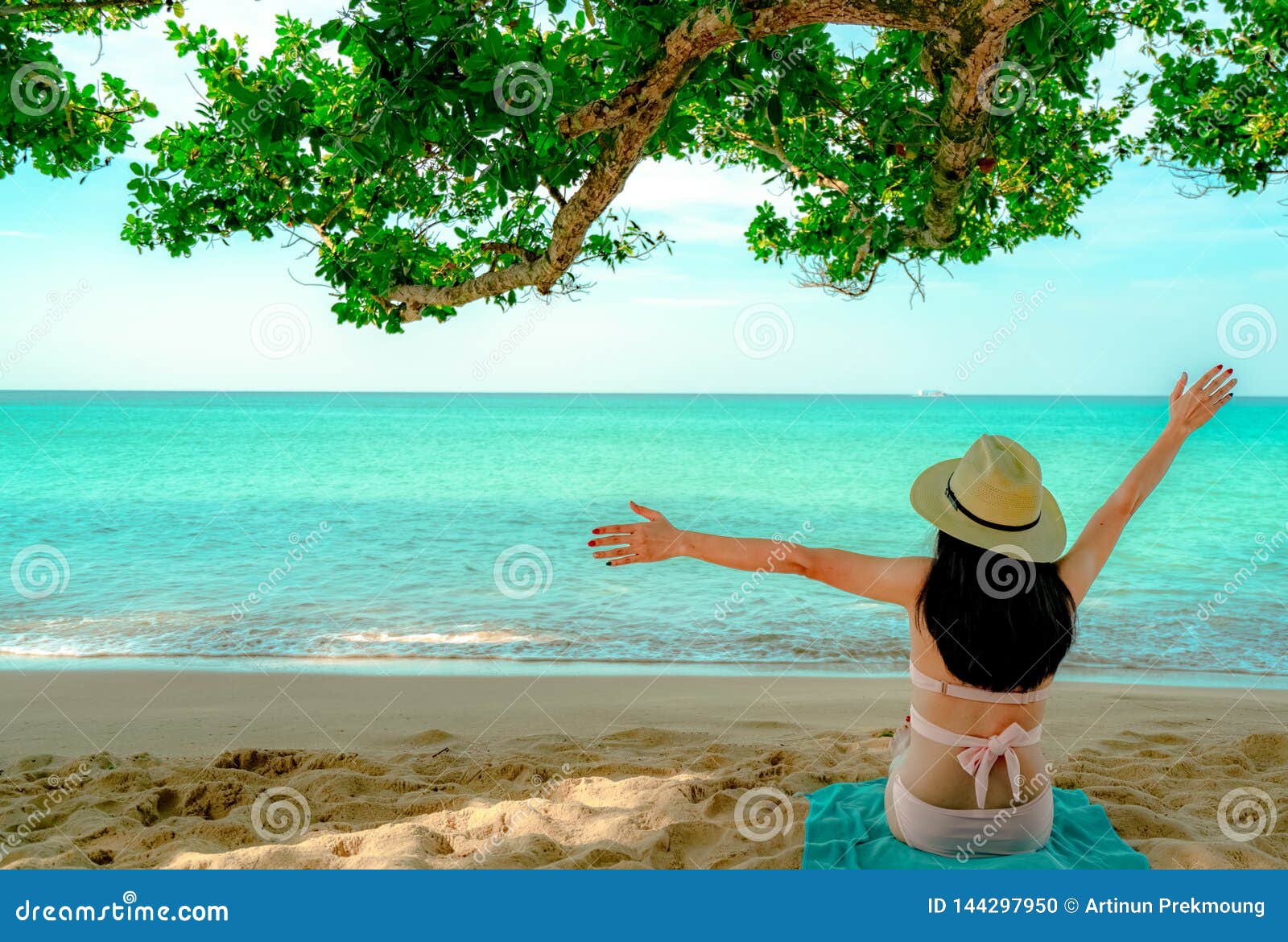 Back View Of Happy Young Asian Woman In Pink Swimsuit And Straw Hat