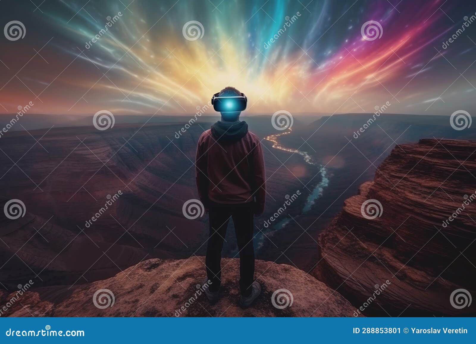 Back View Immersed in VR Man Showcases Augmented Reality with Canyon ...