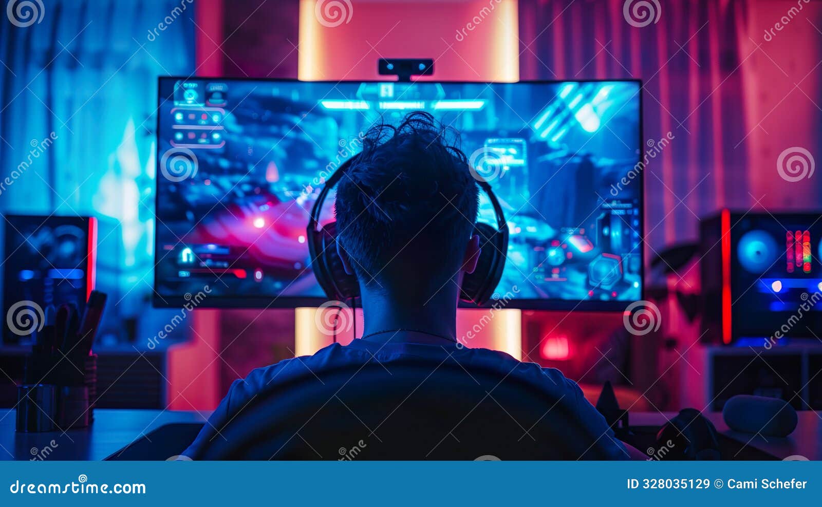 Back View of Immersive Gaming Setup with Headphones Stock Image - Image ...