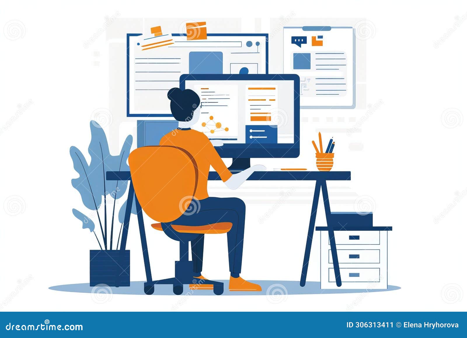 Back View of an Individual at a Workstation with Dual Monitors ...