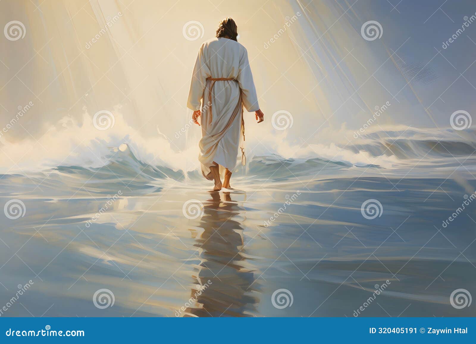 Back View of Jesus Christ Walking on Water at Sea Stock Illustration ...
