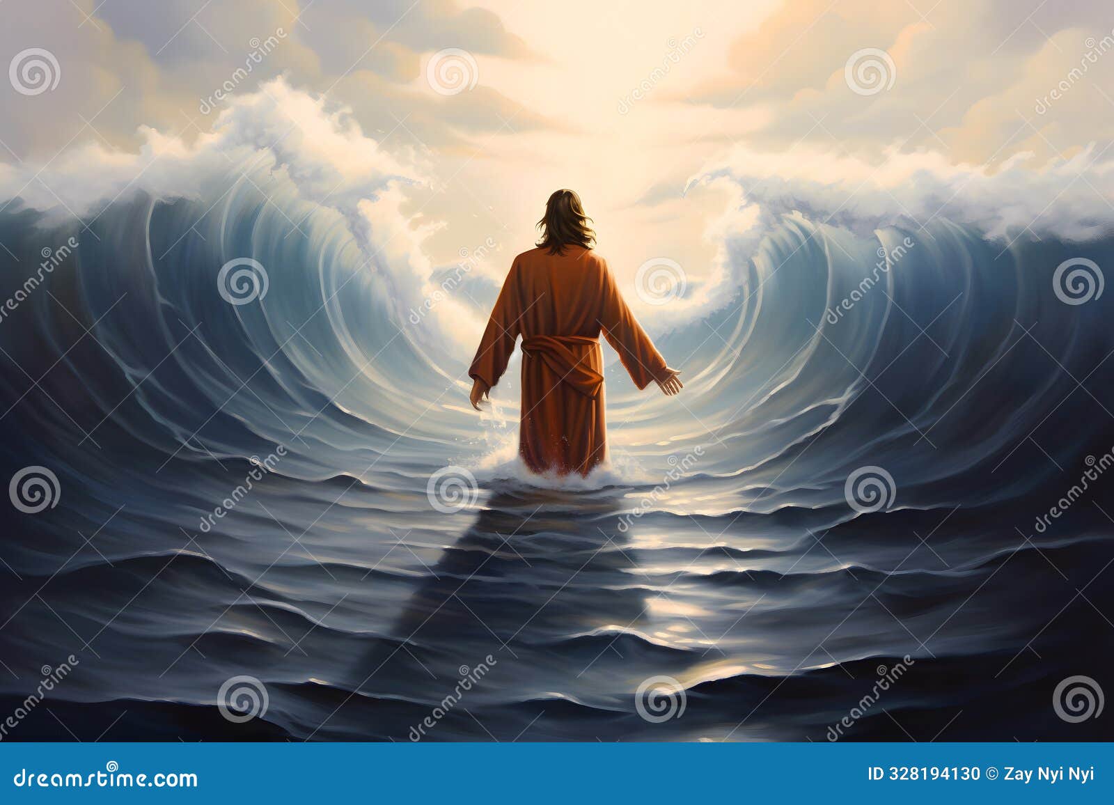 Back View of Jesus Christ Walking on Water at Sea Stock Photo - Image ...