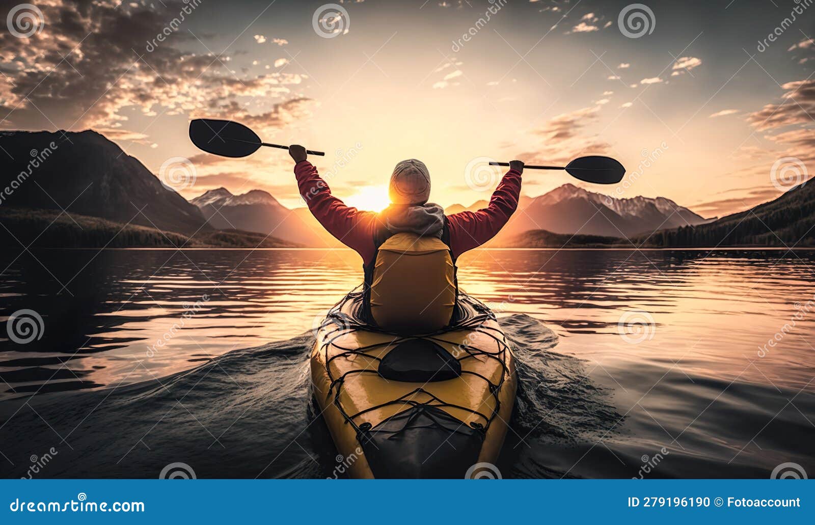 Back View of a Kayaker Journey in Breathtaking Mountain Sunset ...