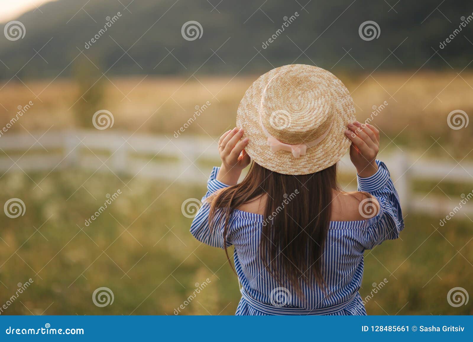 Back View of Lady in Hat. Background of Mountains Stock Image - Image ...