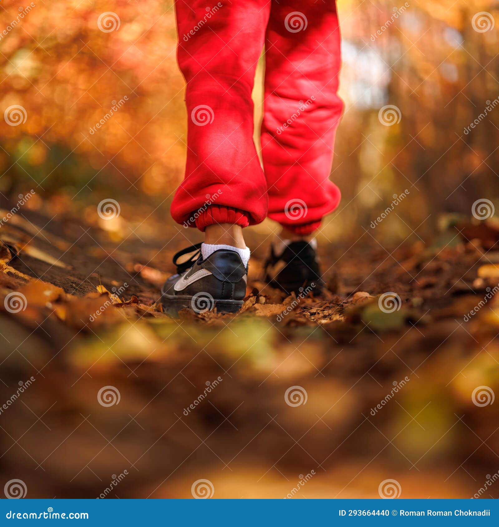 Back View of the Legs of a Boy Walking through a Park. a Boy in a Red ...