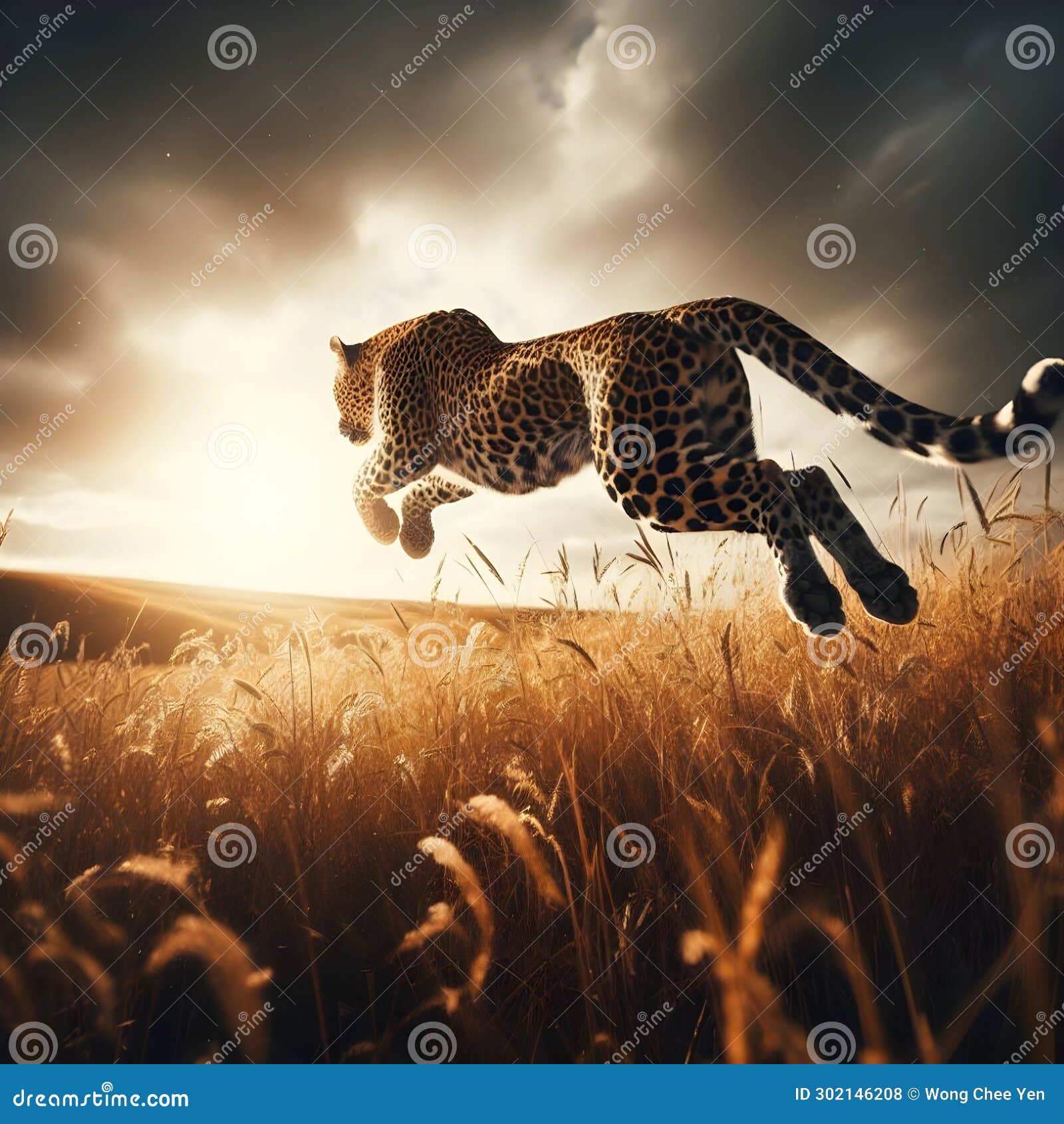 Back View of Leopard Jumping Leaping in Grassland with Dark Cloudy Sky ...