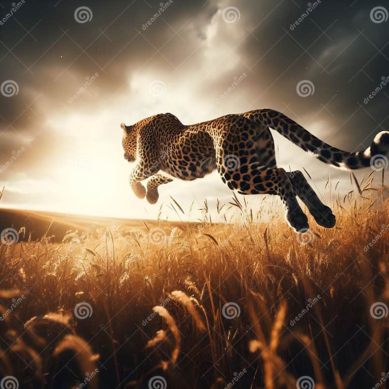 Back View of Leopard Jumping Leaping in Grassland with Dark Cloudy Sky ...