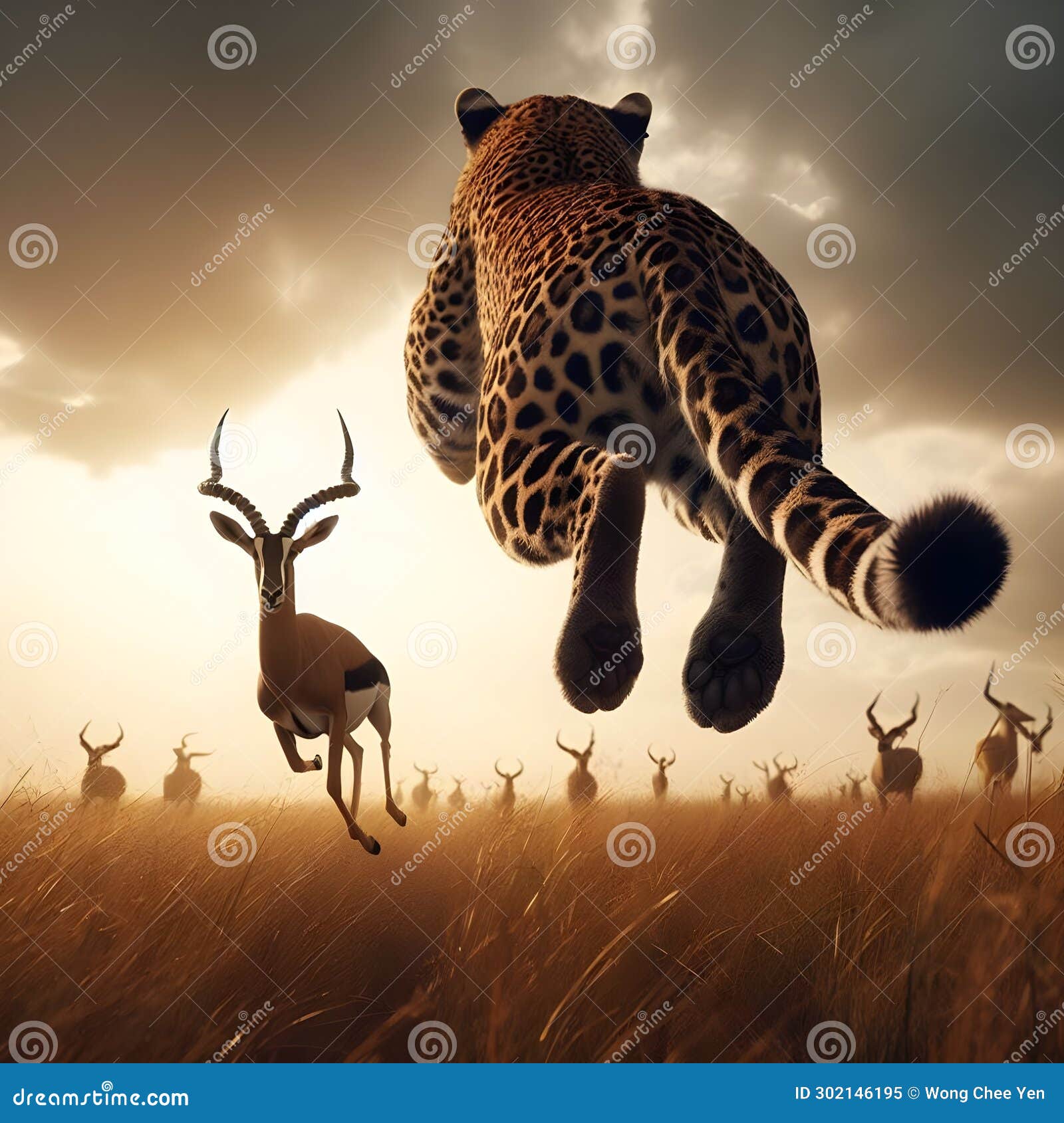 Back View of Leopard Jumping Towards Antelope Herd Stock Illustration ...