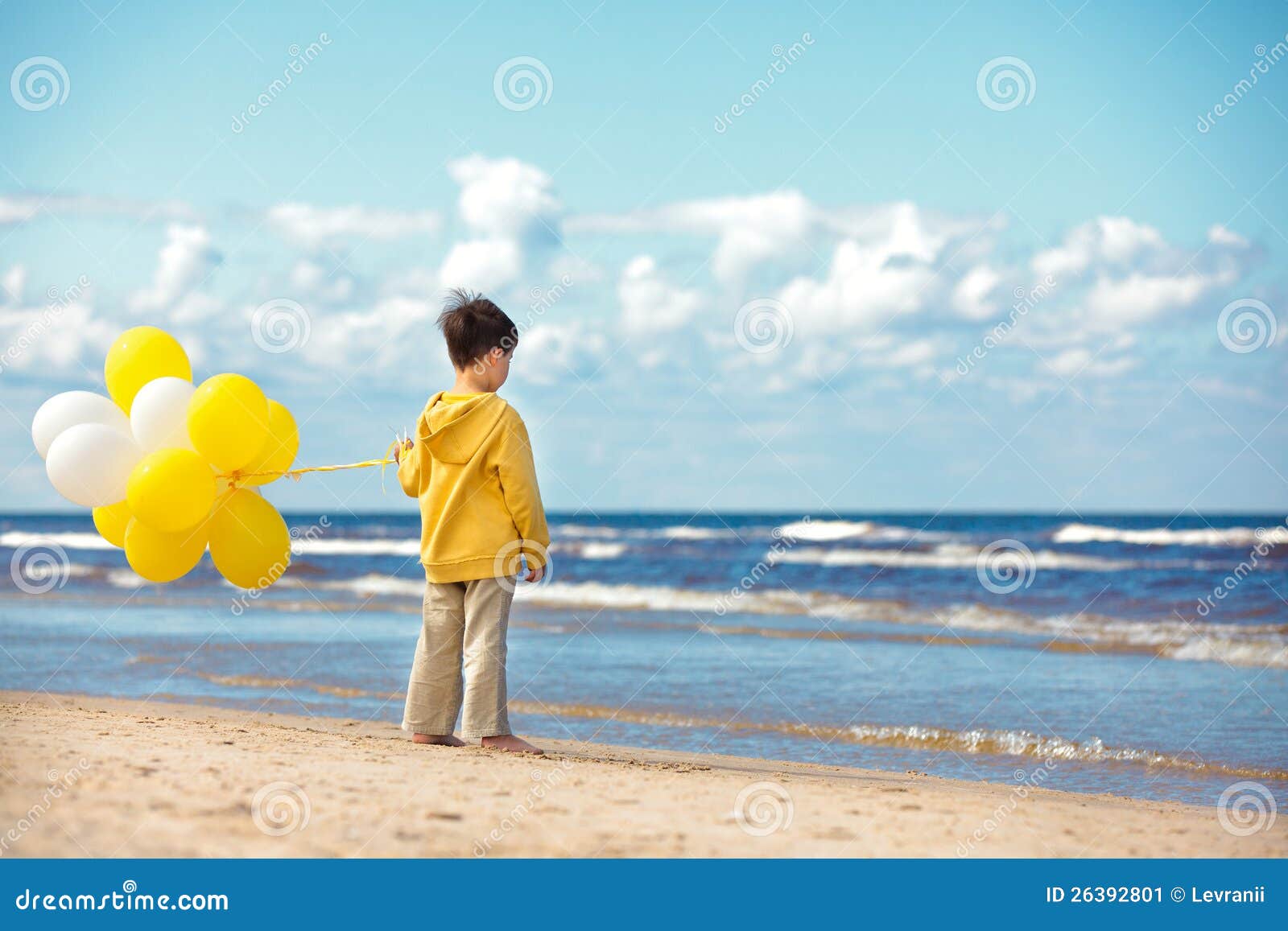 Back View of Little Boy with Ballons on the Beach Stock Image - Image ...