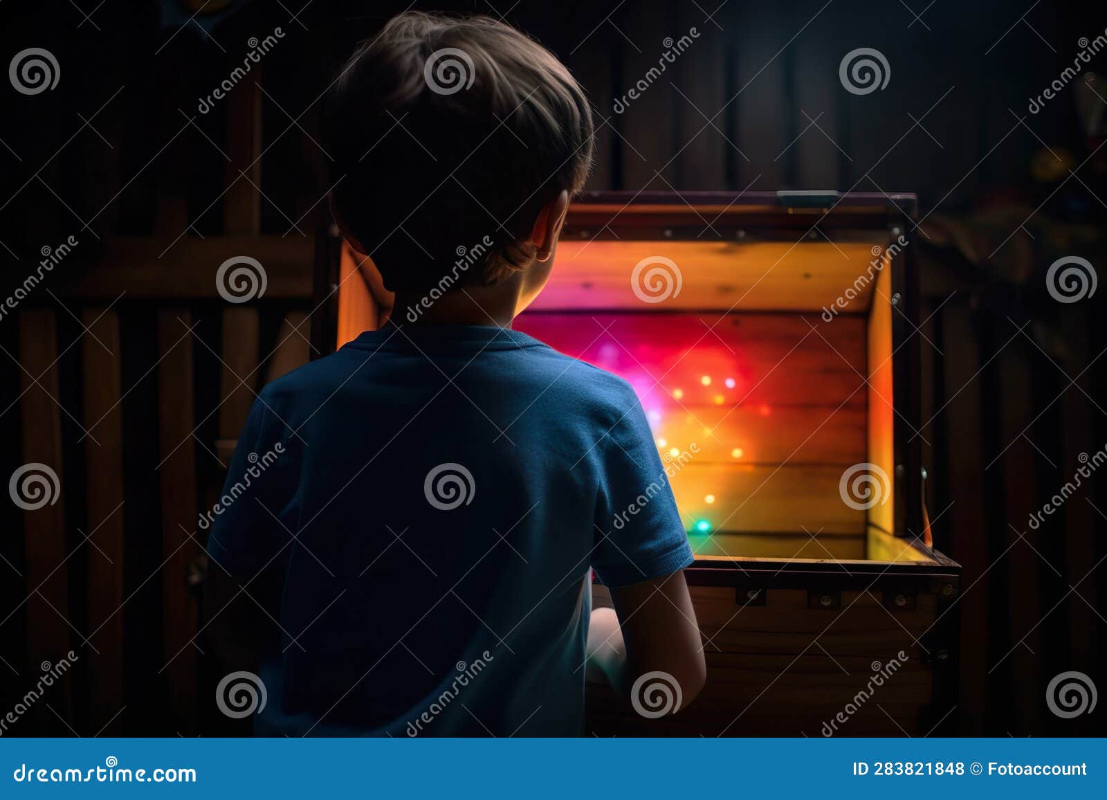 Back View Of A Little Boy Fascinated By Magical Rays Of Light And Magic ...