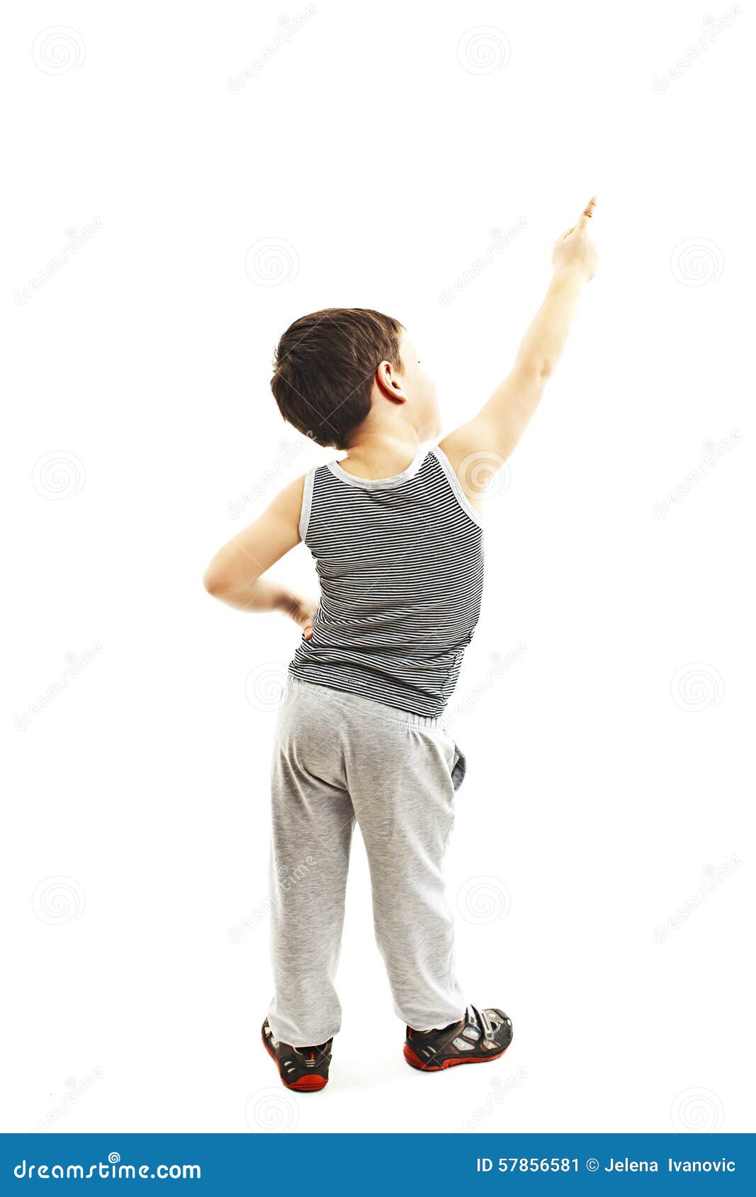 Back View of Little Boy Points at Wall. Rear View Stock Image - Image ...
