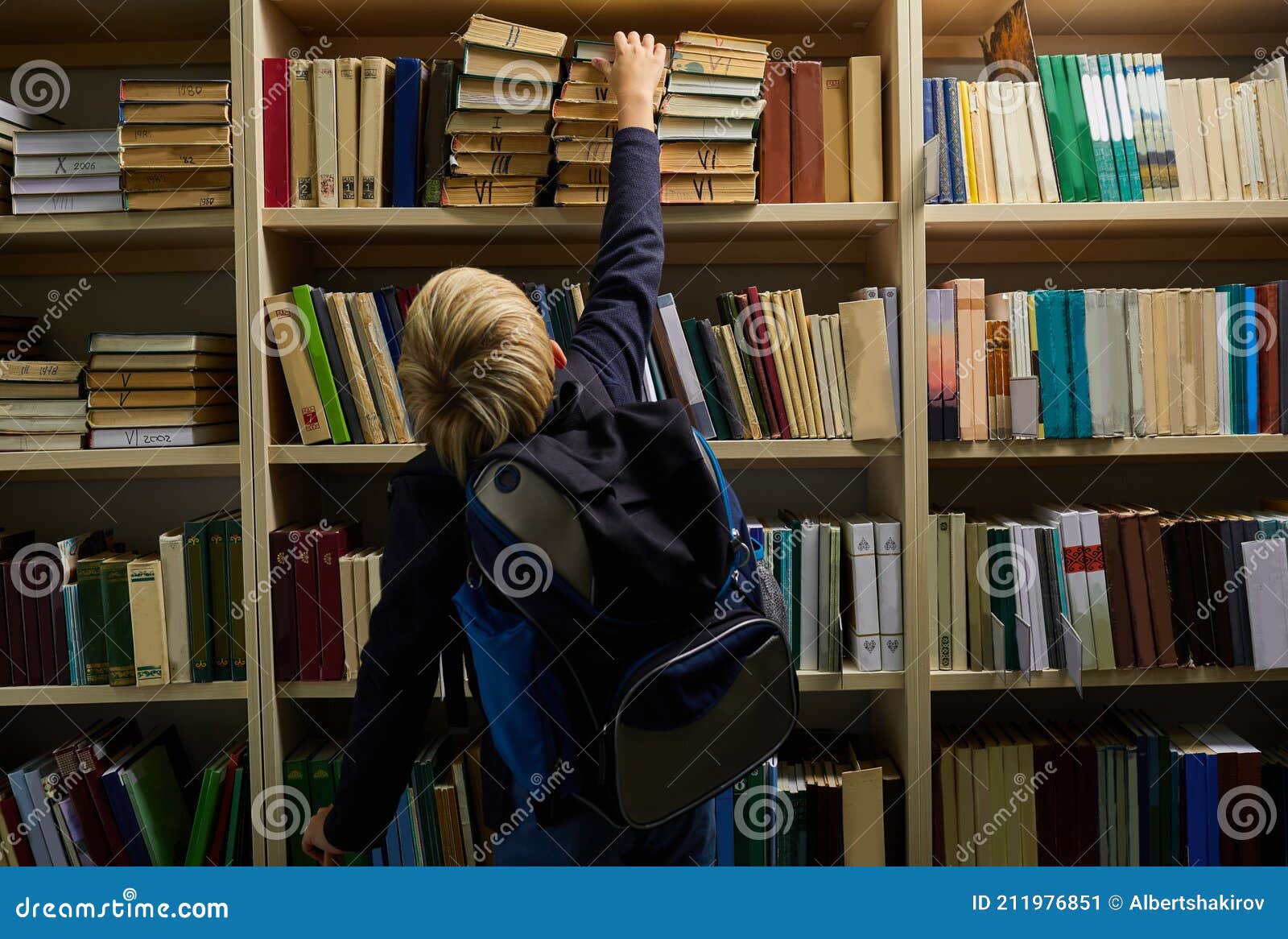 Back View, Little Pupil Boy in Library Stock Image - Image of business ...