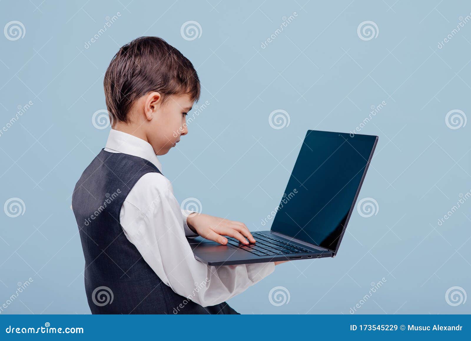 Back View Little Schoolboy Typing on Laptop Stock Image - Image of ...