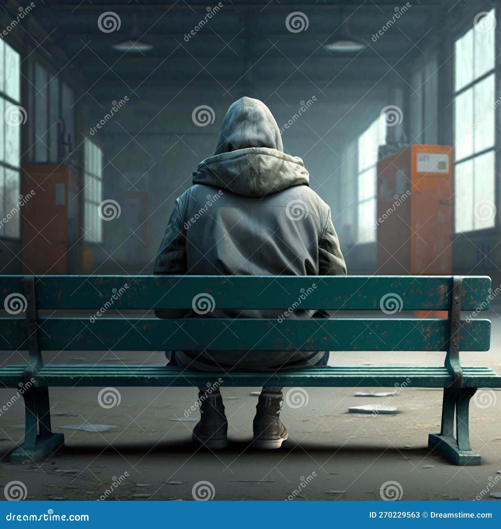 Back View of Lonely Man Siiting on Wooden Bench, Made with Generative ...