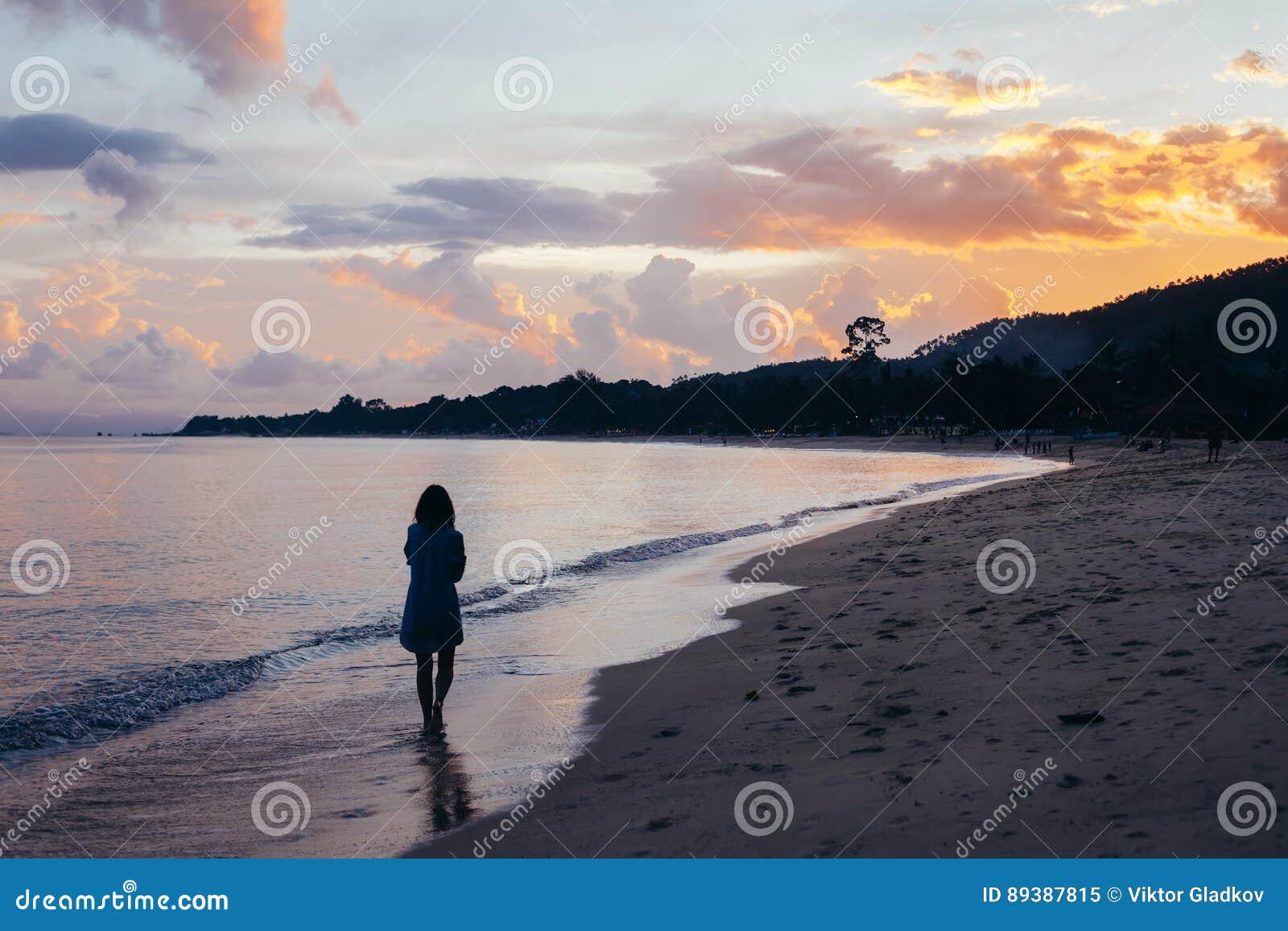 Back View of Lonely Woman Walking on Beach in Sunset Stock Image ...