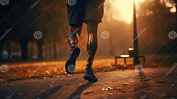 Rear View of a Low-angle View of a Young Man with Bionic Prostheses on ...