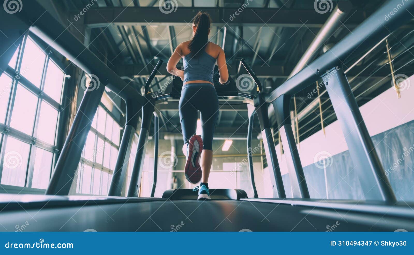 Back View in Low Angle of a Woman with Brown Ponytail Running on a ...