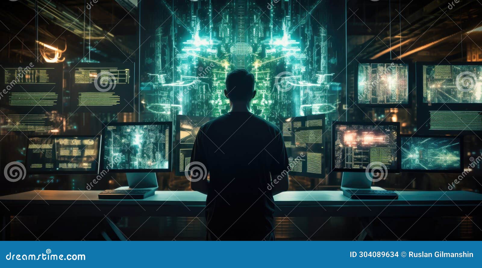 Back View of the Male Computer Engineer and Scientist Create Neural ...