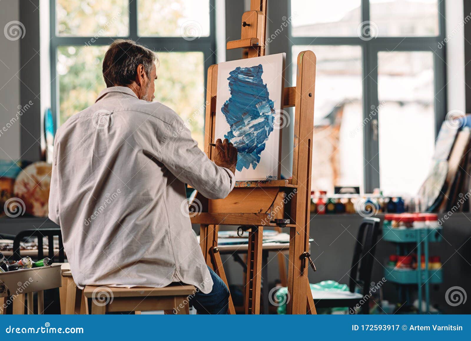 Back View of Male Painter Drawing Abstract Picture Stock Image - Image ...