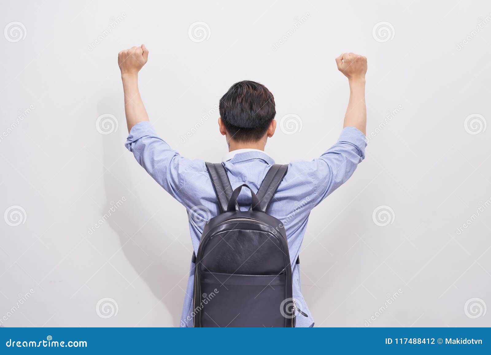 Back View of Man with Backpack Posing with Hands Up on White Background ...
