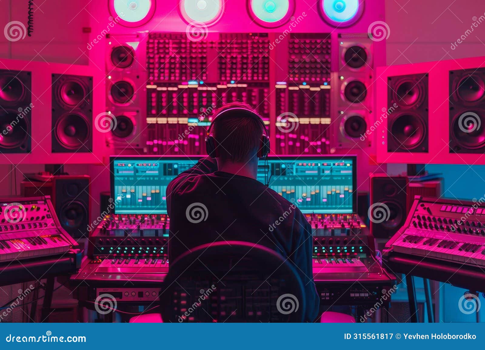 Back View. Man in Black Vear Work with Sound in the Pink Audio System ...