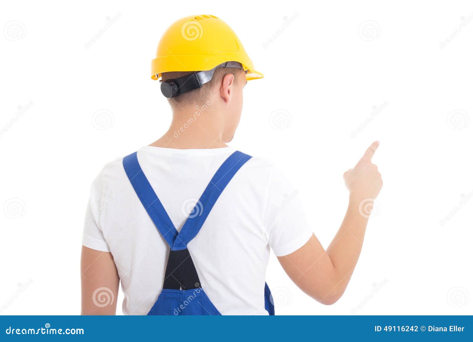 Back View of Man in Builder Uniform and Helmet Pointing at Some Stock ...