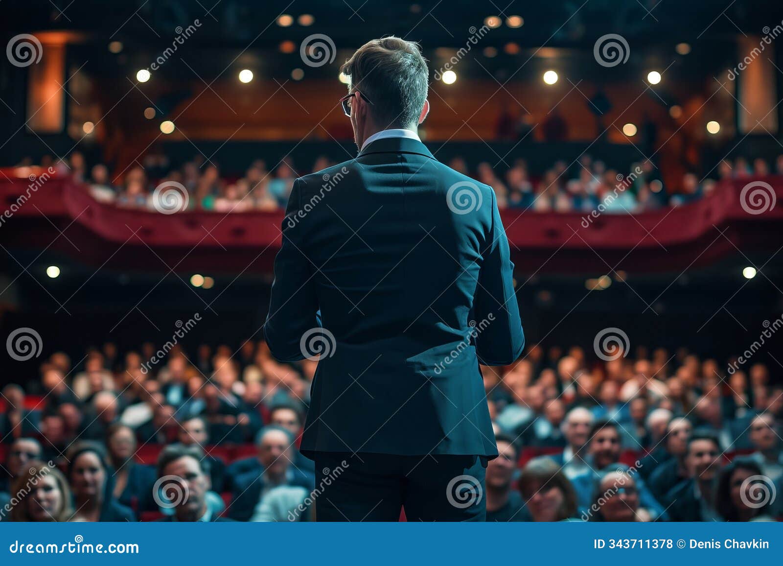 Back View of Man in Business Suit Giving a Speech on the Stage in Front ...