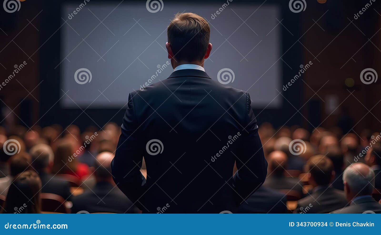 Back View of Man in Business Suit Giving a Speech on the Stage in Front ...