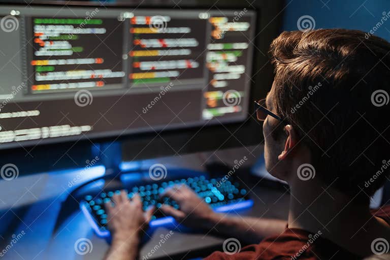 Back View of Man Coding for Cyber Security, Programming and Working from Home at Pc Screen Stock ...