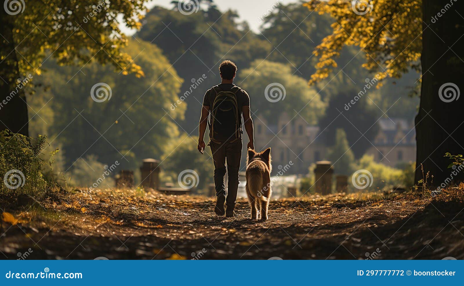 Back View of a Man with a Dog Walking in a Park. AI Generated Stock ...
