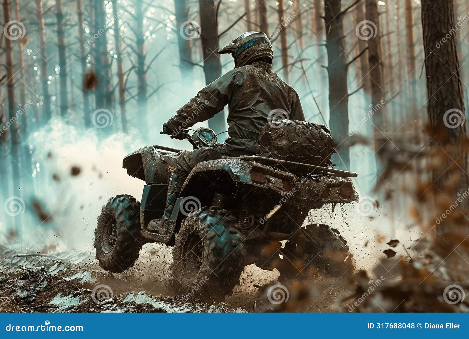 Back View of Man Driving a Modern Atv in the Forest Stock Illustration ...