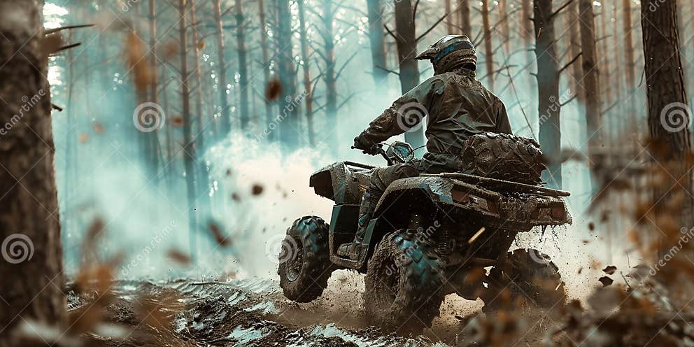 Back View of Man Driving a Modern Atv in the Forest Stock Illustration ...