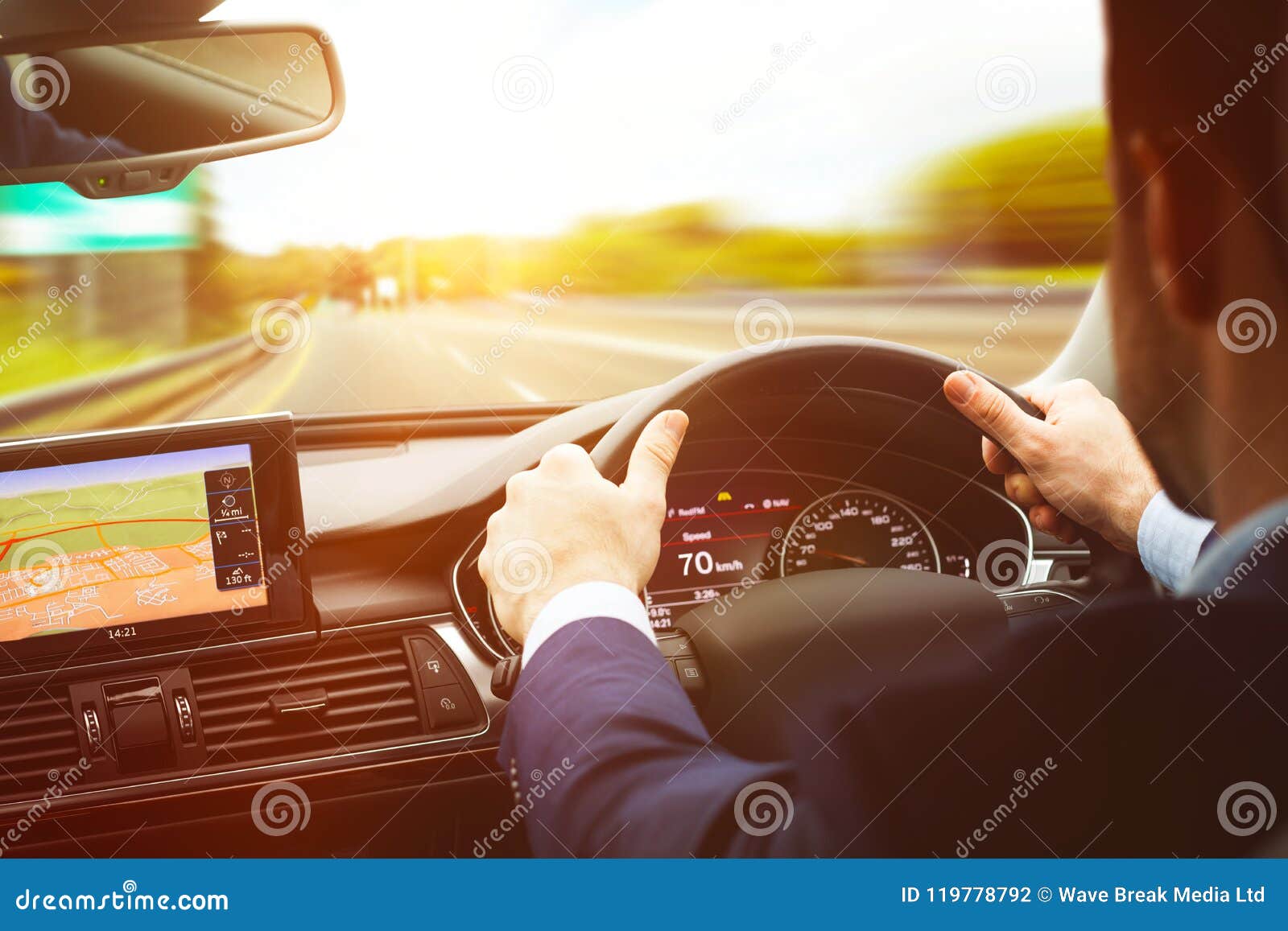 Back View of Man Driving with Navigation System Stock Photo - Image of ...