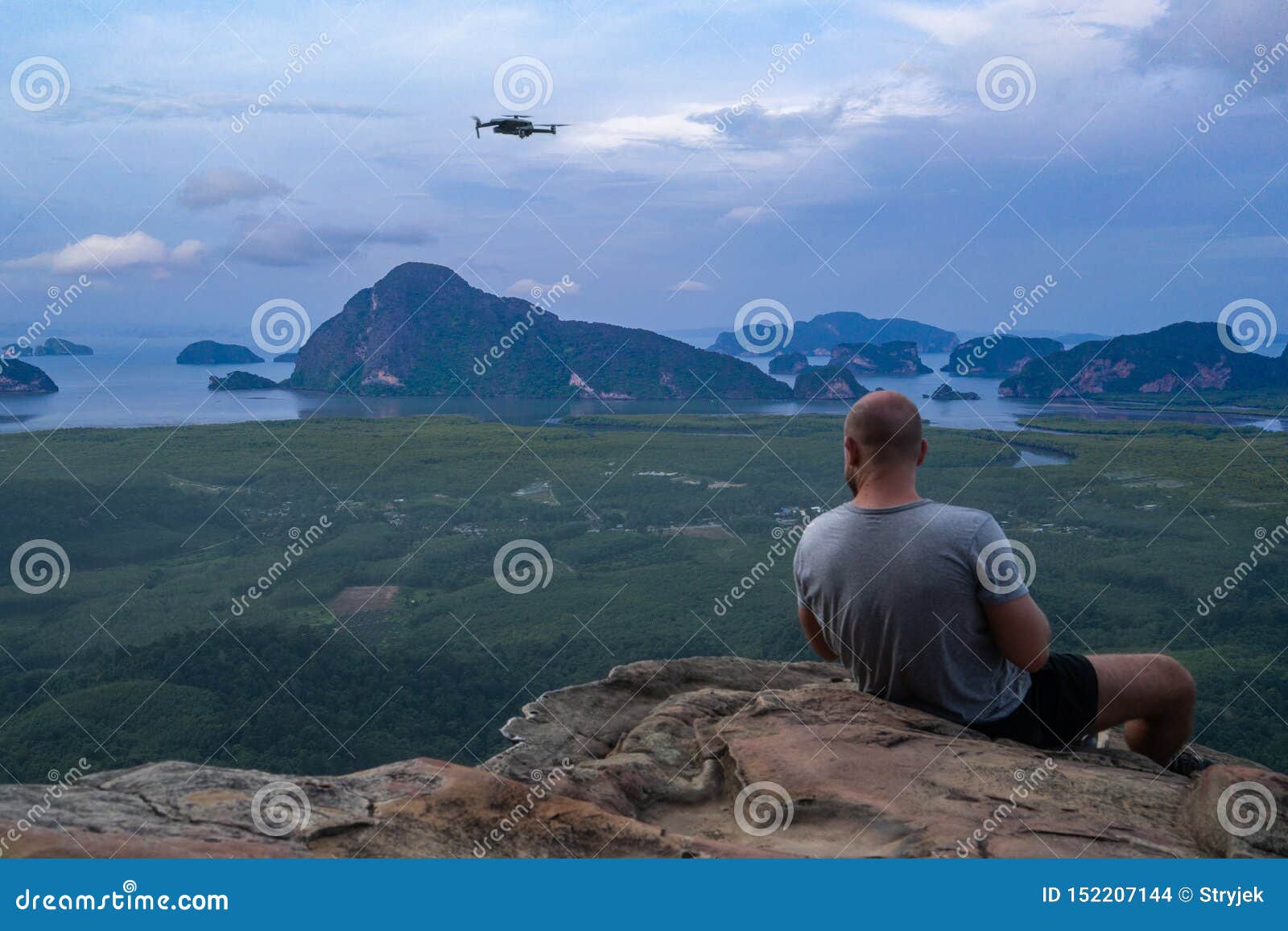 Back View of Man Drone Operator on the Mountain View Point Stock Photo ...