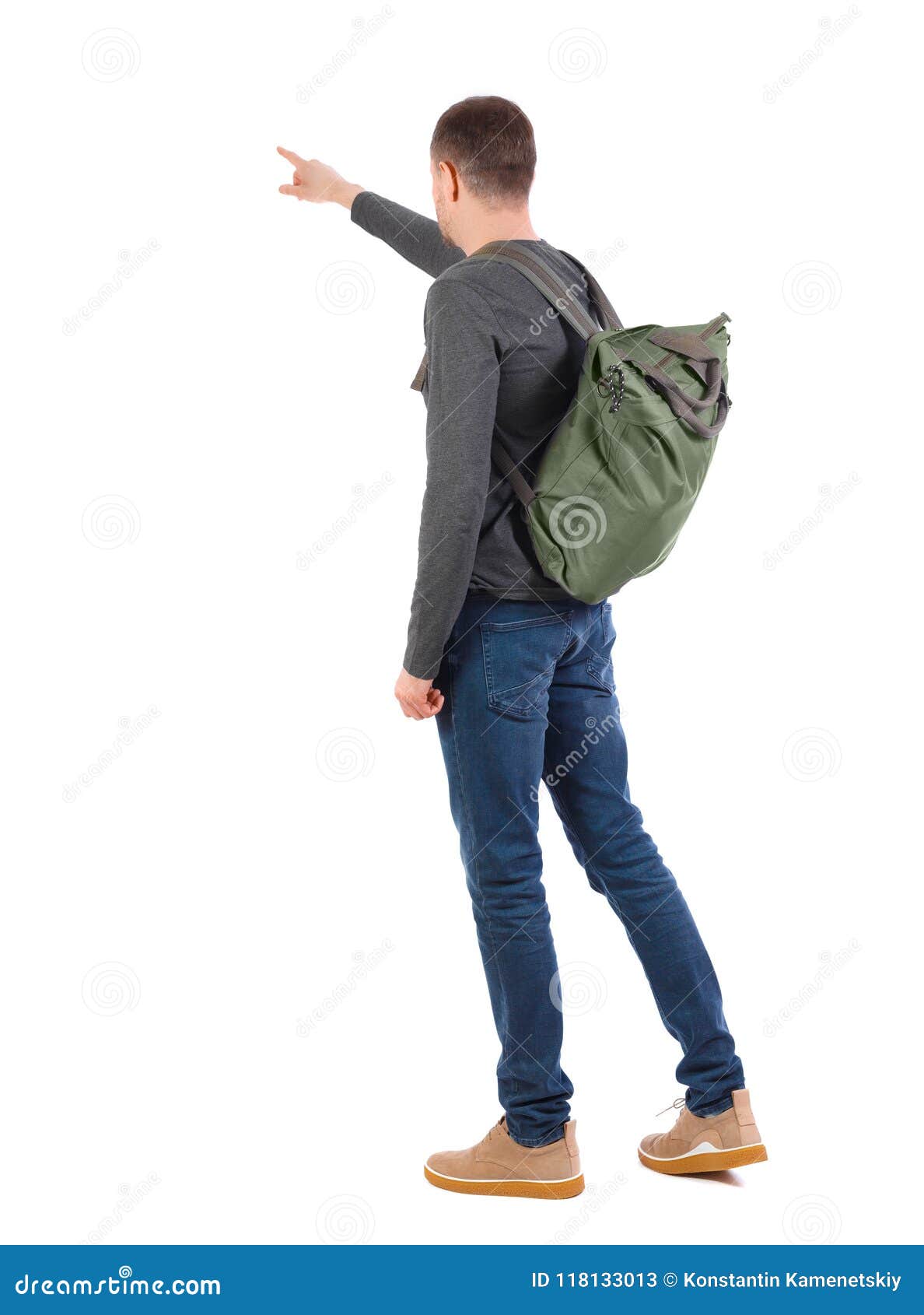 Back View of a Man with a Green Backpack Pointing Forward. Stock Image ...