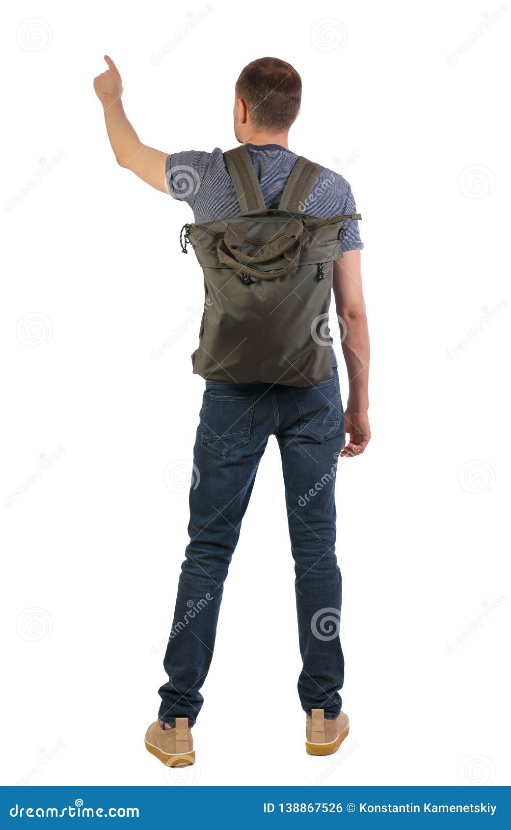 Back View of a Man with a Green Backpack Pointing Forward Stock Photo ...