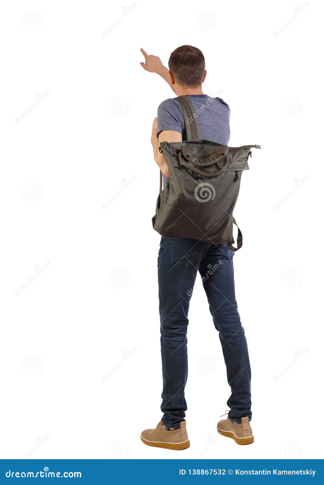 Back View of a Man with a Green Backpack Pointing Forward Stock Photo ...