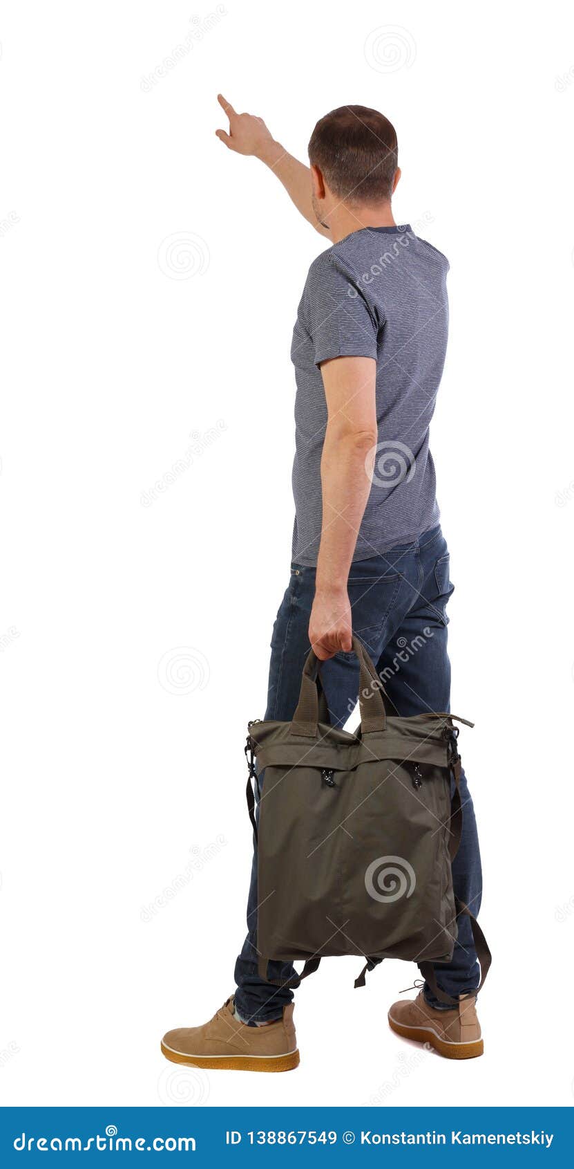 Back View of a Man with a Green Backpack Pointing Forward Stock Image ...