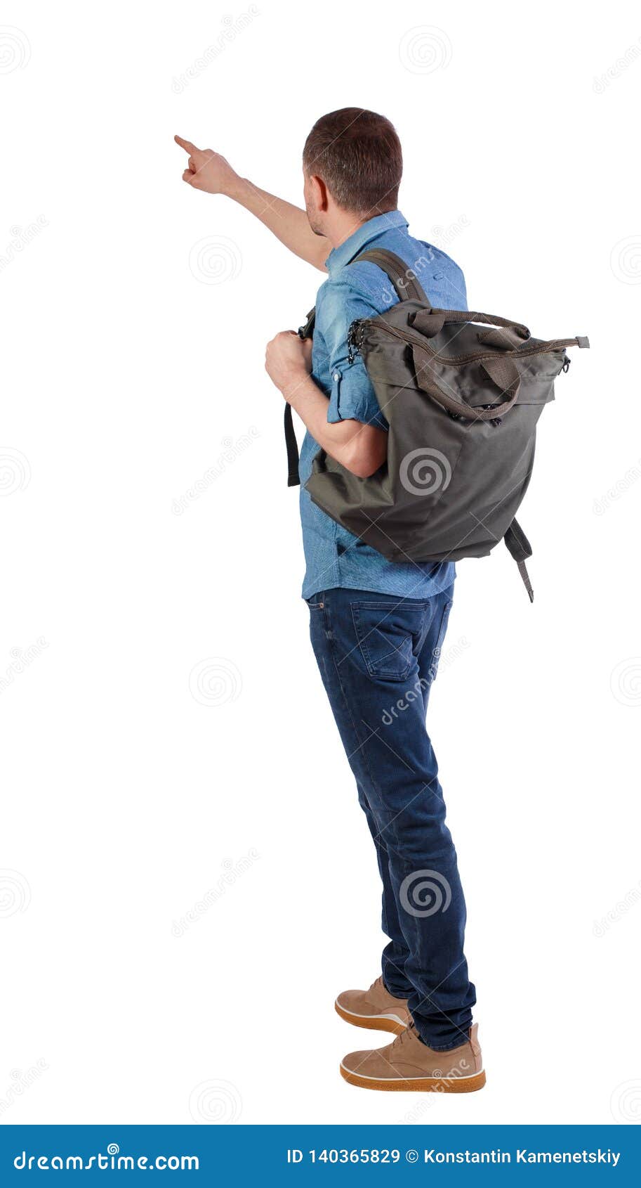 Back View of a Man with a Green Backpack Pointing Forward Stock Image ...