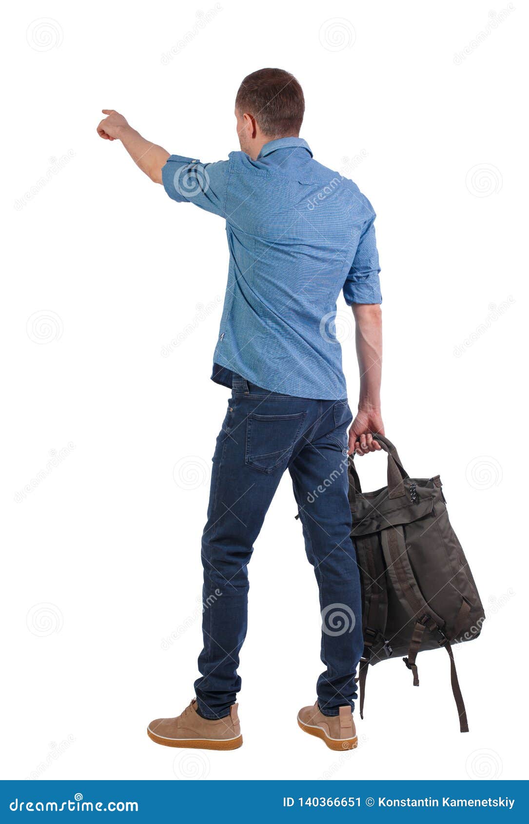 Back View of a Man with a Green Backpack Pointing Forward Stock Image ...