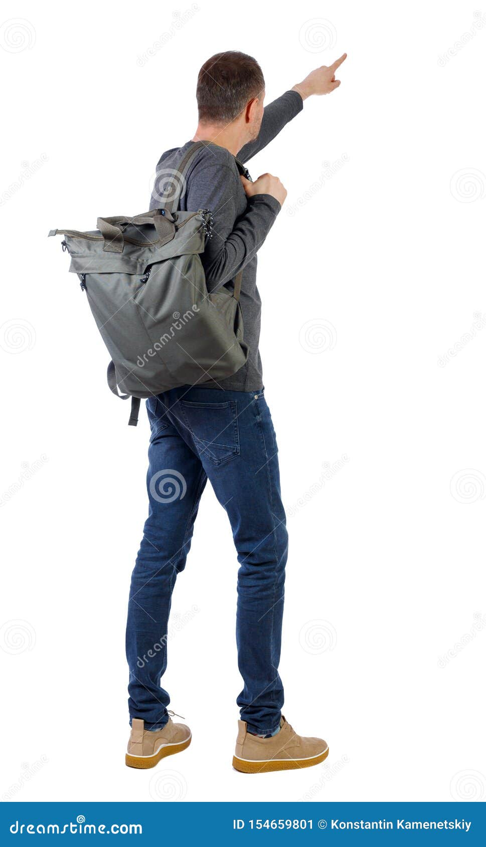 Back View of a Man with a Green Backpack Pointing Forward Stock Image ...