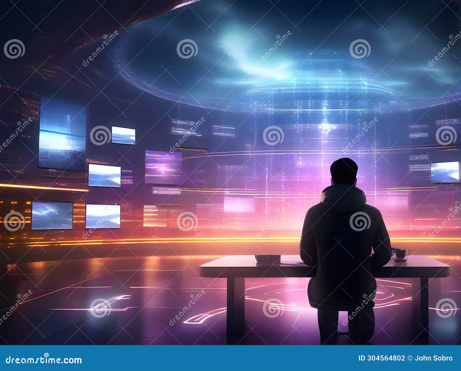 Back View of Man Hacker Working in Computer and Infecting with Virus Data Stock Illustration ...