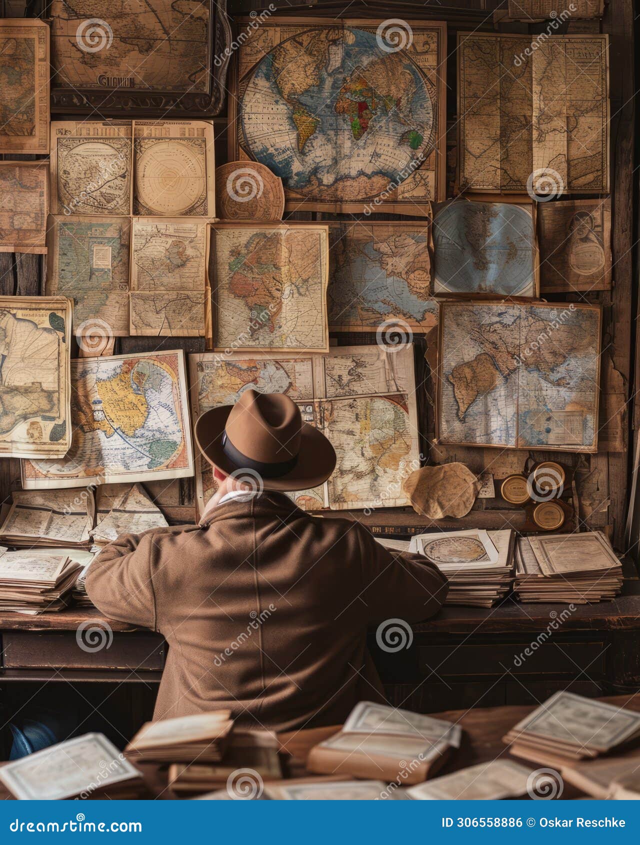 Back View of Man in Hat Sitting at Table with Old Map and Books. Stock ...