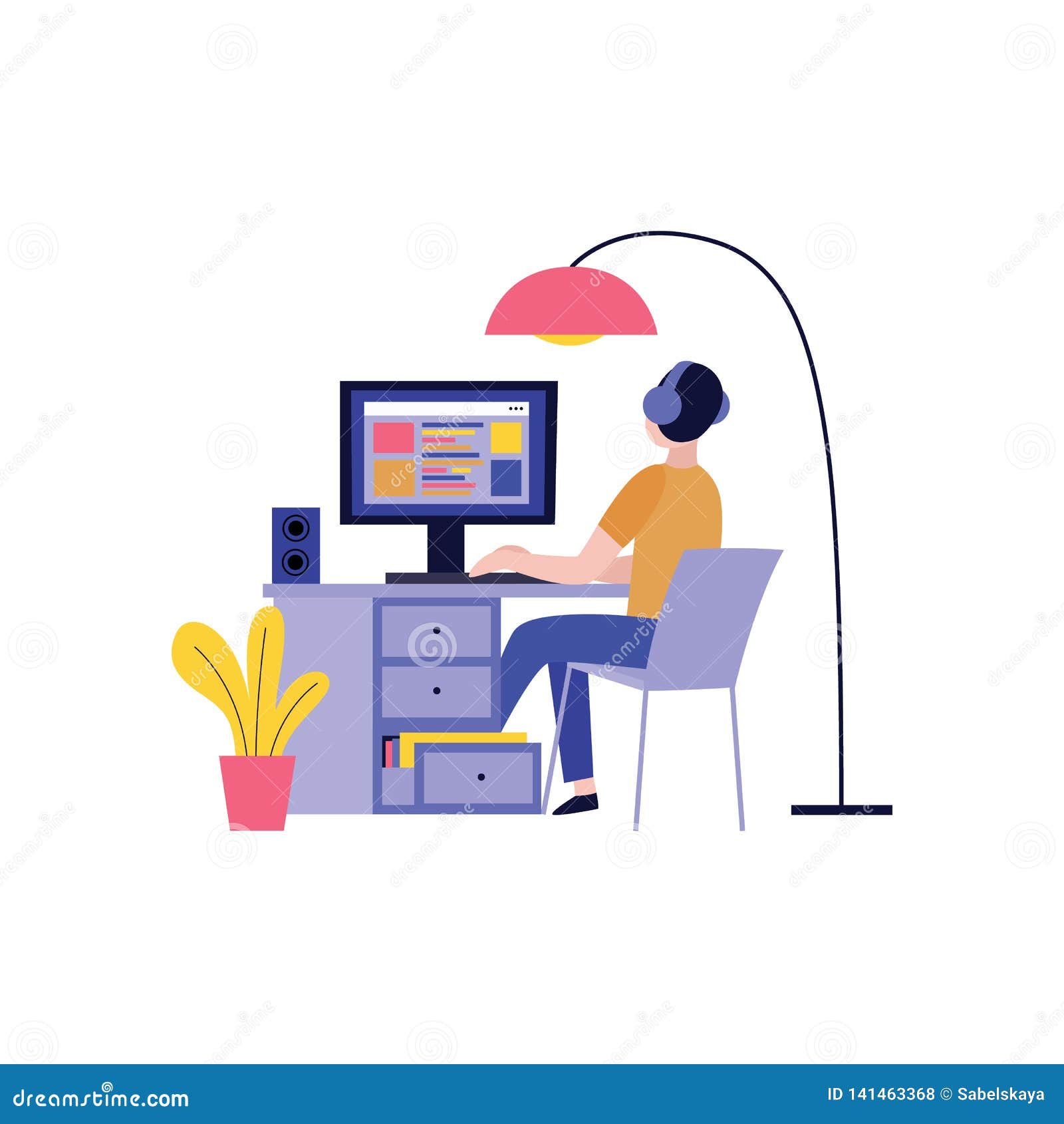 Back View of Man in Headphones Working with Computer and Creating ...