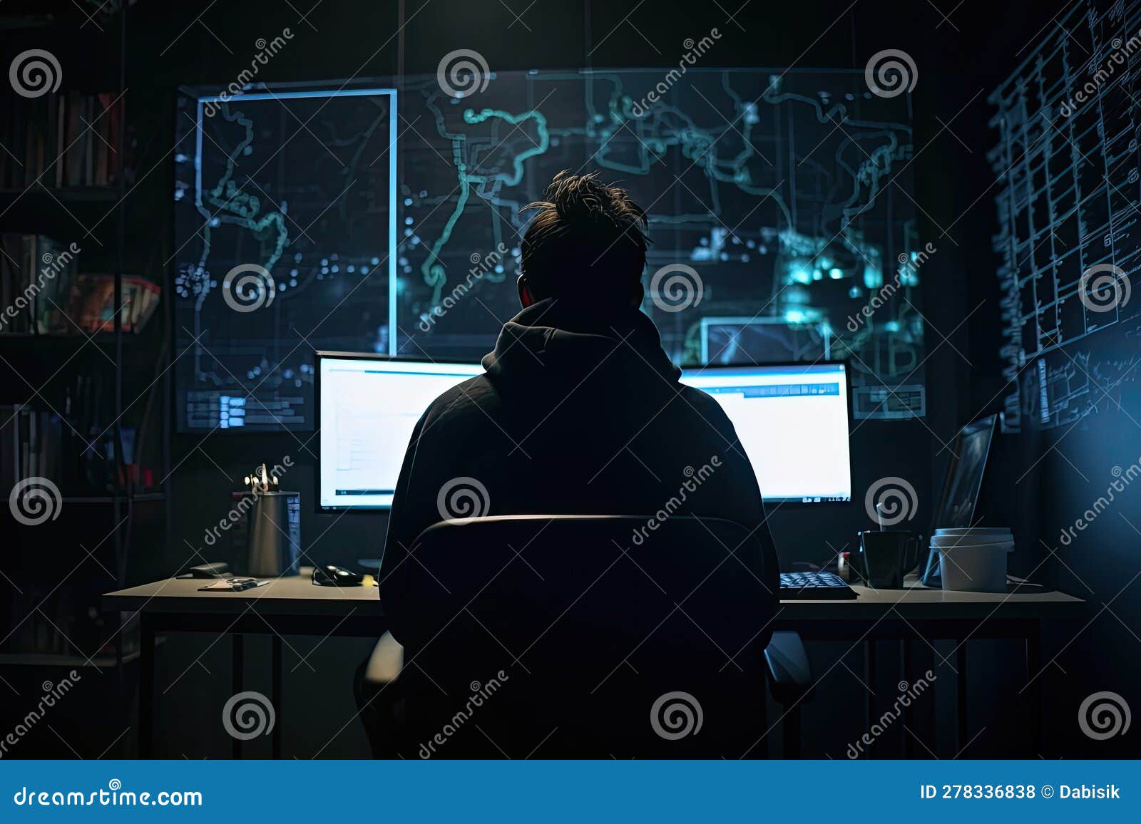 Back View of Man in Hoodie Using Computer in Dark Room. Generative AI ...