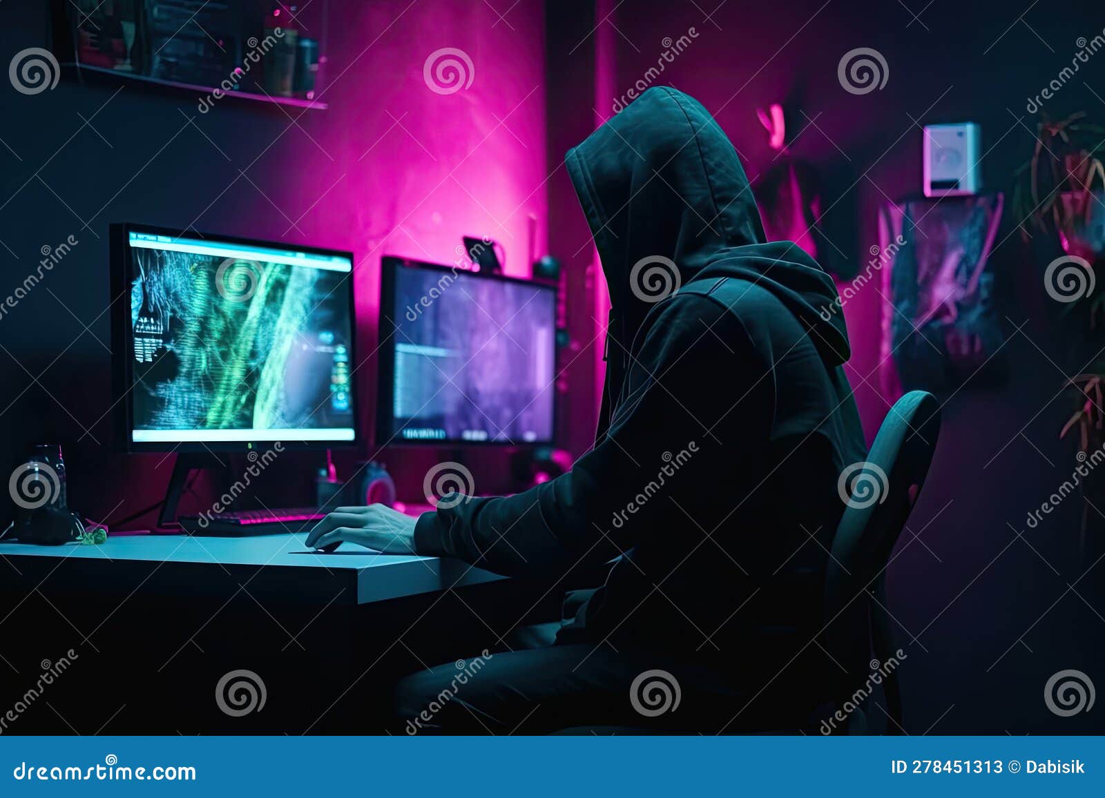 Back View of Man in Hoodie Using Computer in Dark Room. Generative AI ...
