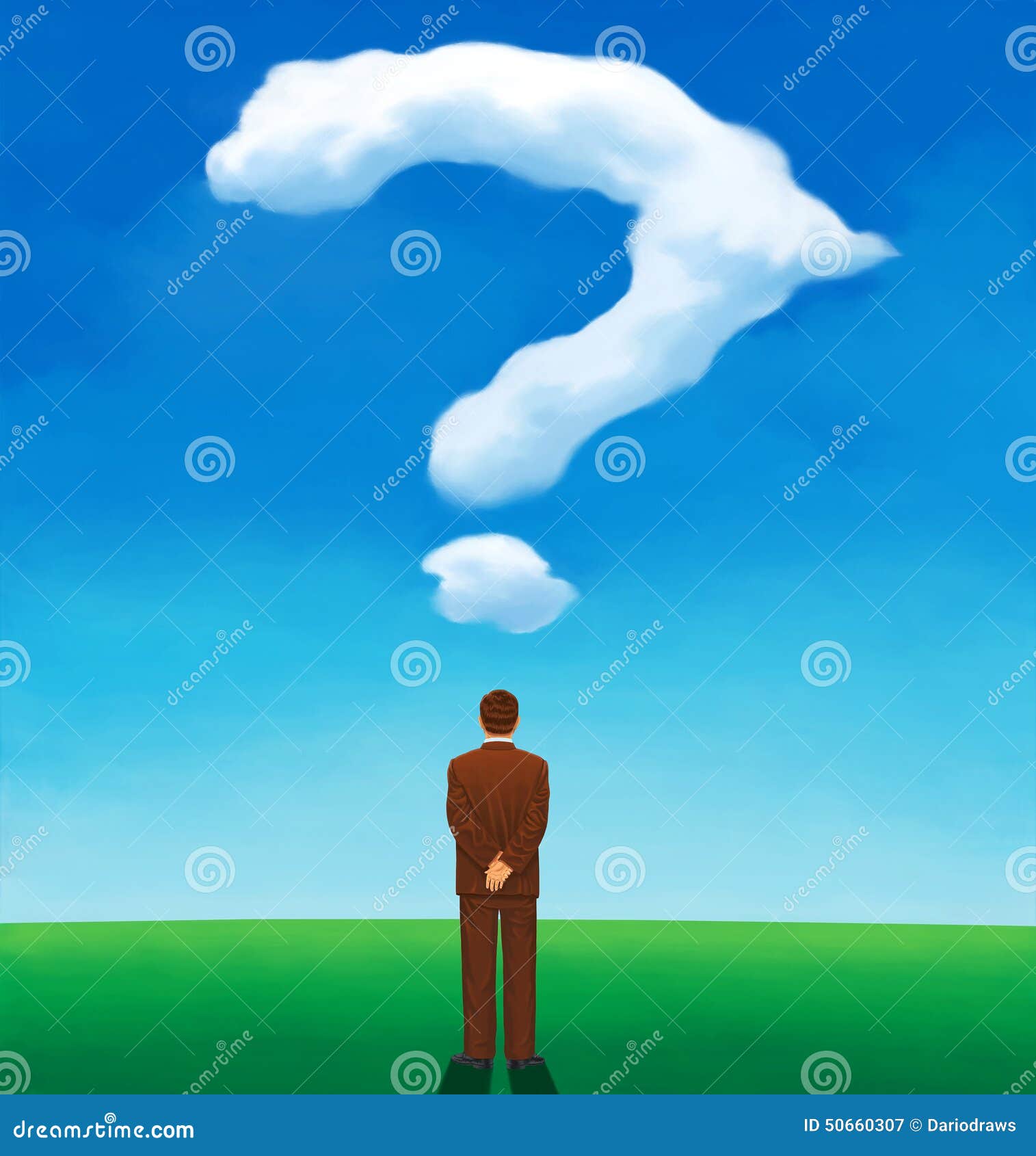 Back View of a Man Looking at a Cloud Shaped Like a Question Mark Stock ...