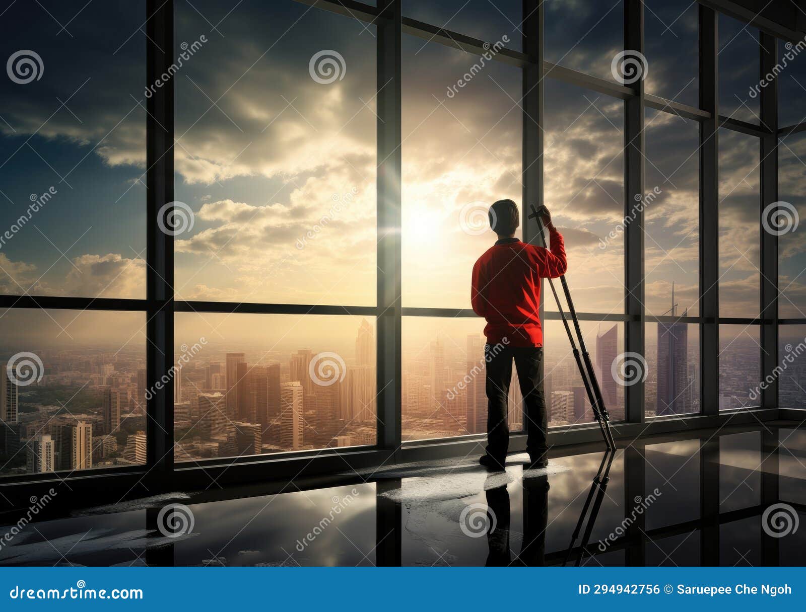 Back View of Man in Overalls Washing Large Office Windows with Window ...