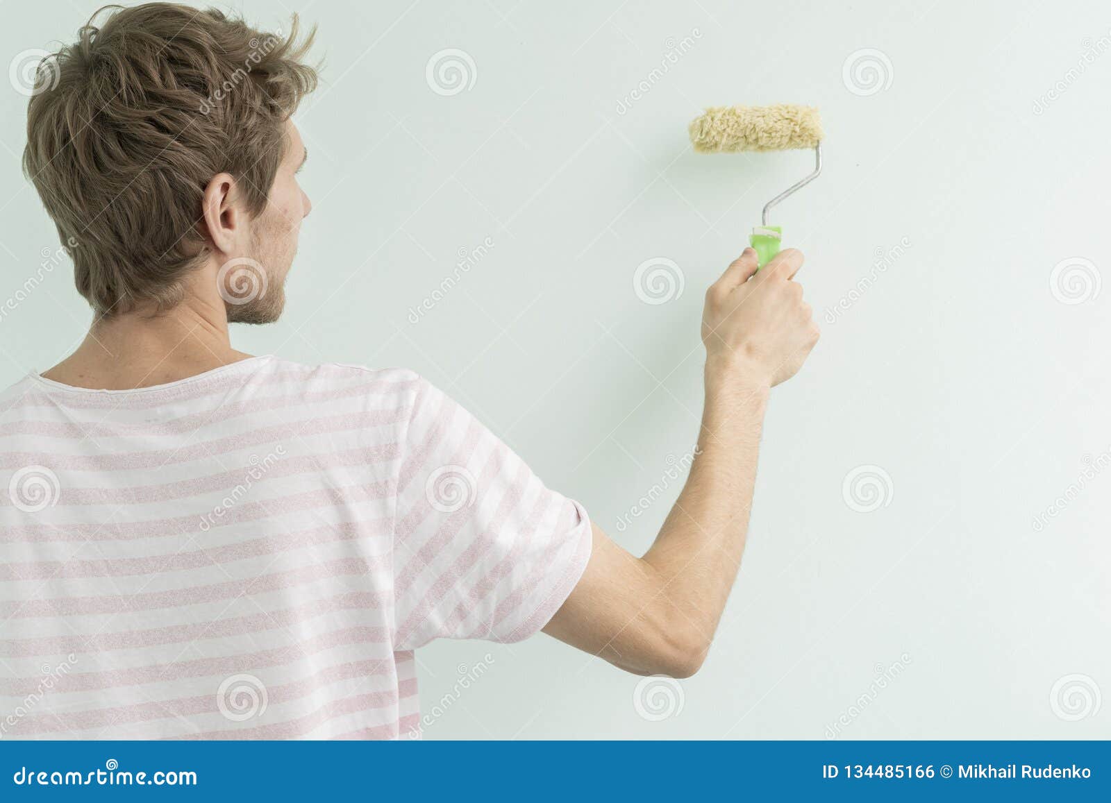 Back View of Man Painting the Wall Using a Roller Pink Surface F Stock ...