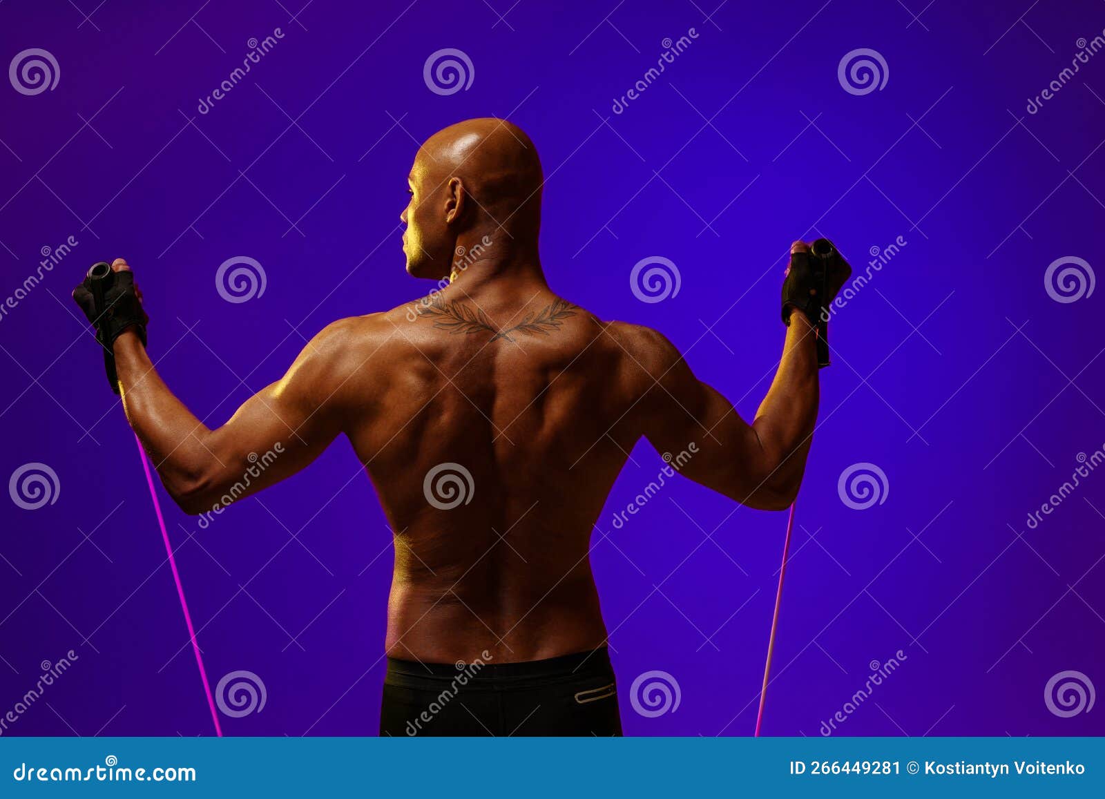 Back View of Man Performs Exercises with Expander on Studio Background ...